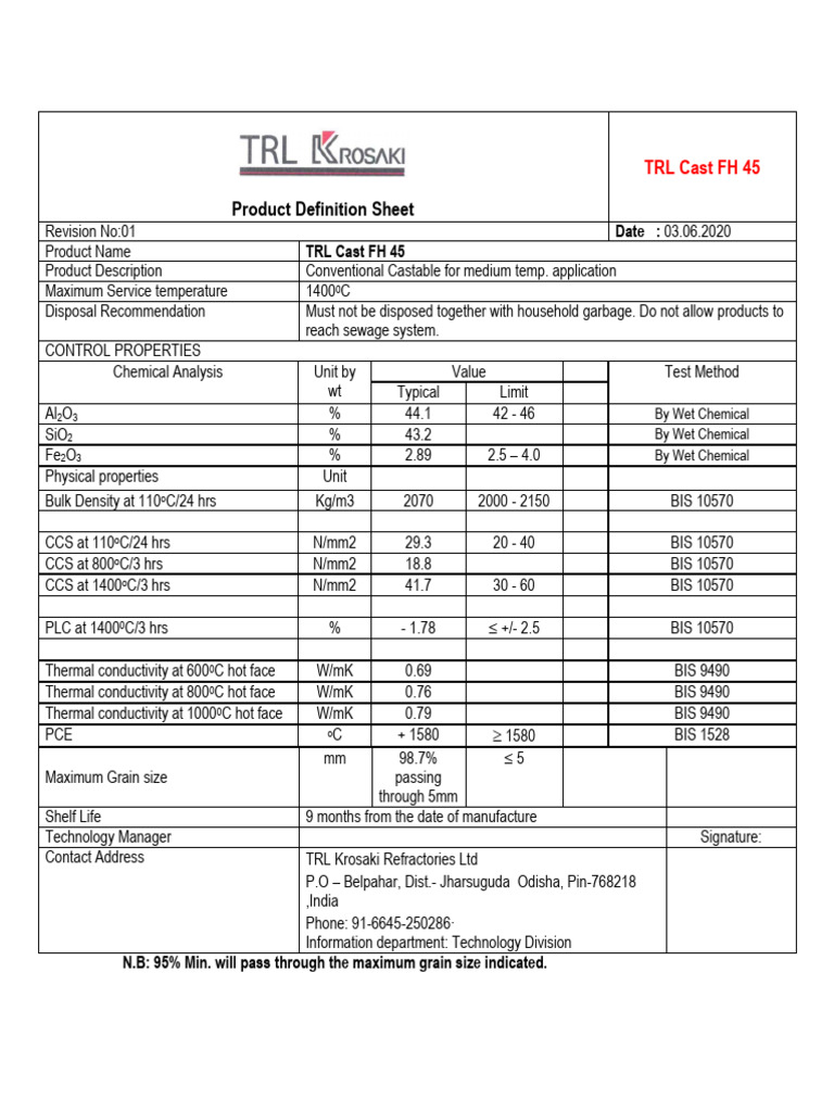 Data Sheet TRL Cast FH 45 | PDF | Refractory | Materials Science