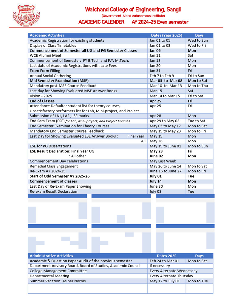 WCE Sangli Academic Calendar 2024-25 | PDF | Academic Term | Academia