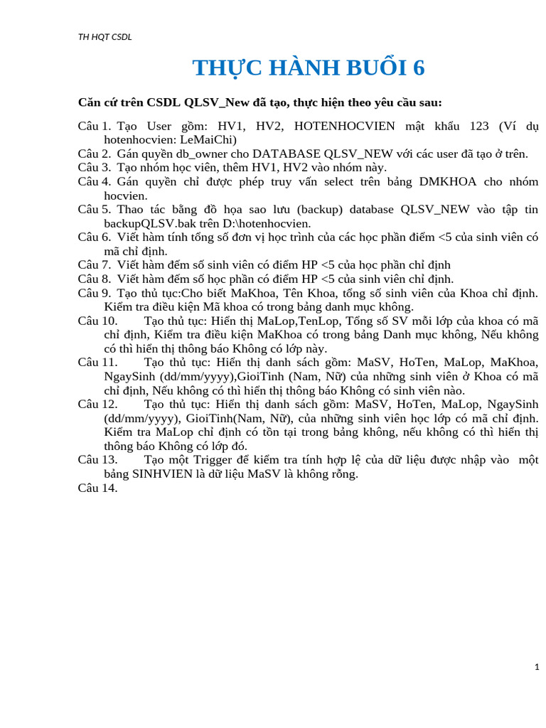 Buoi5 - SQL Server Nhóm 1 (QLSV - New) Pro+Fun+Trig, Gán quyền, sao lưu | PDF