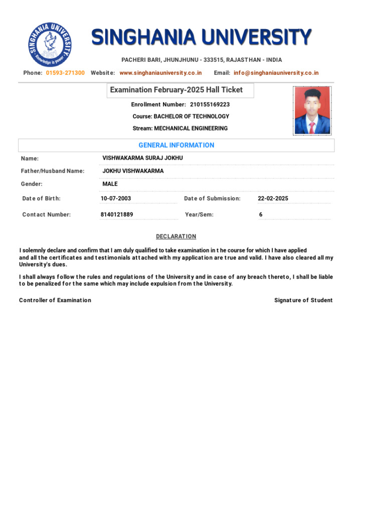 Singhania University Examination Hall Ticket | PDF