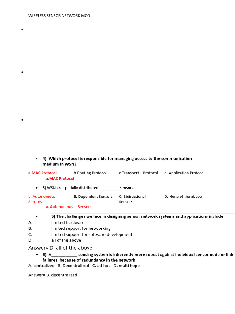 Wireless Sensor MCQ With Answer | PDF | Computer Network | Wireless Sensor Network