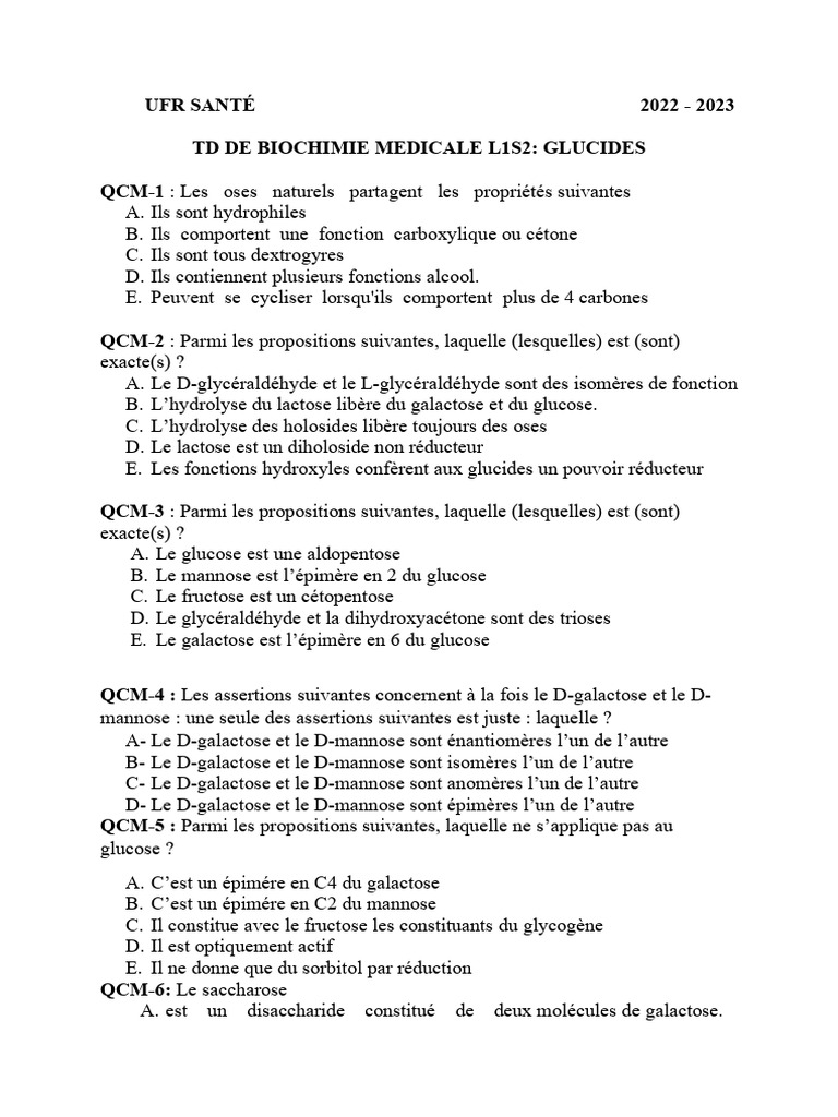 QCM sur les Glucides en Biochimie Médicale | PDF | Glucide | Glycolyse