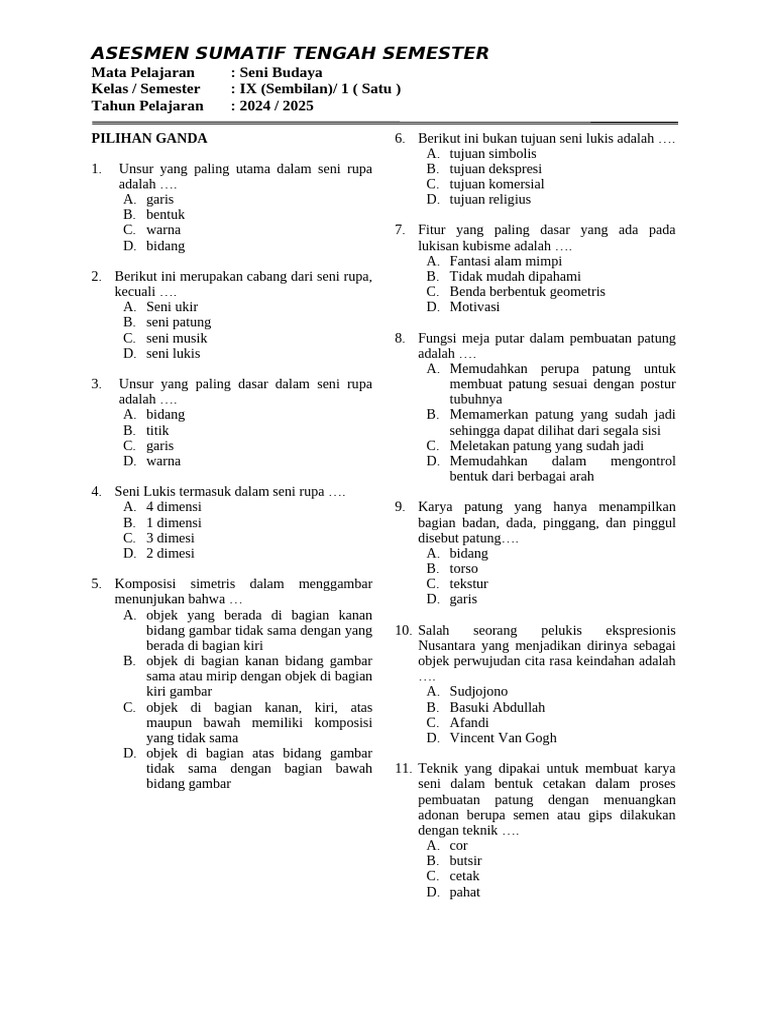 Latihan Soal Asts 1 Senbud 9 | PDF