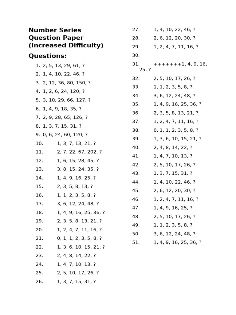 Number Series Question Paper2 ( increased defficulty level) with ...
