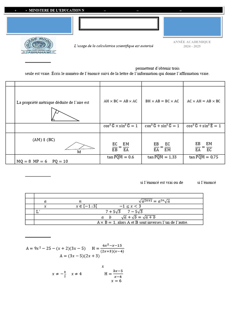 Sujet Maths BEPC Blanc Abraham | PDF | Mathématiques élémentaires | Géométrie