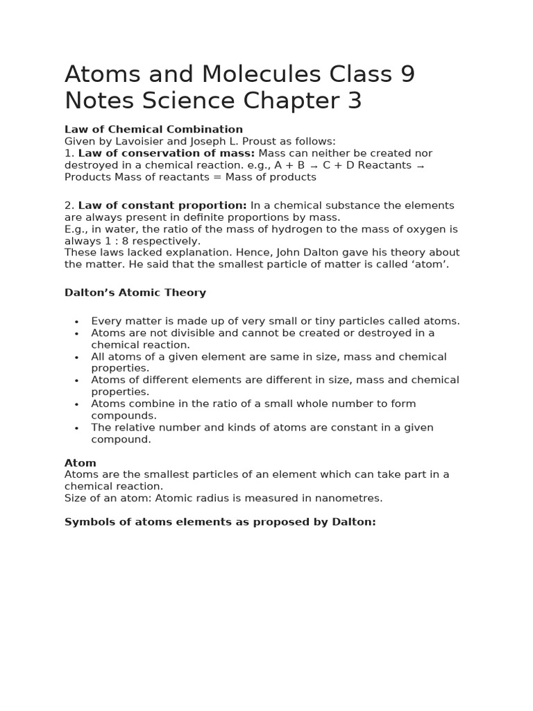 Atoms and Molecules Notes | PDF | Ion | Molecules