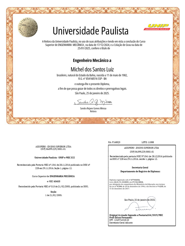 Diploma de Engenharia Mecânica UNIP | PDF
