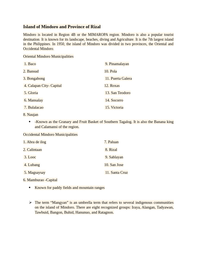 Mindoro Island and Rizal Province Overview | PDF