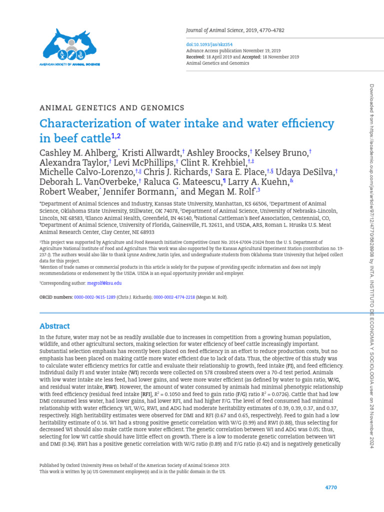 Characterization of Water Intake and Water Efficiency in Beef Cattle ...