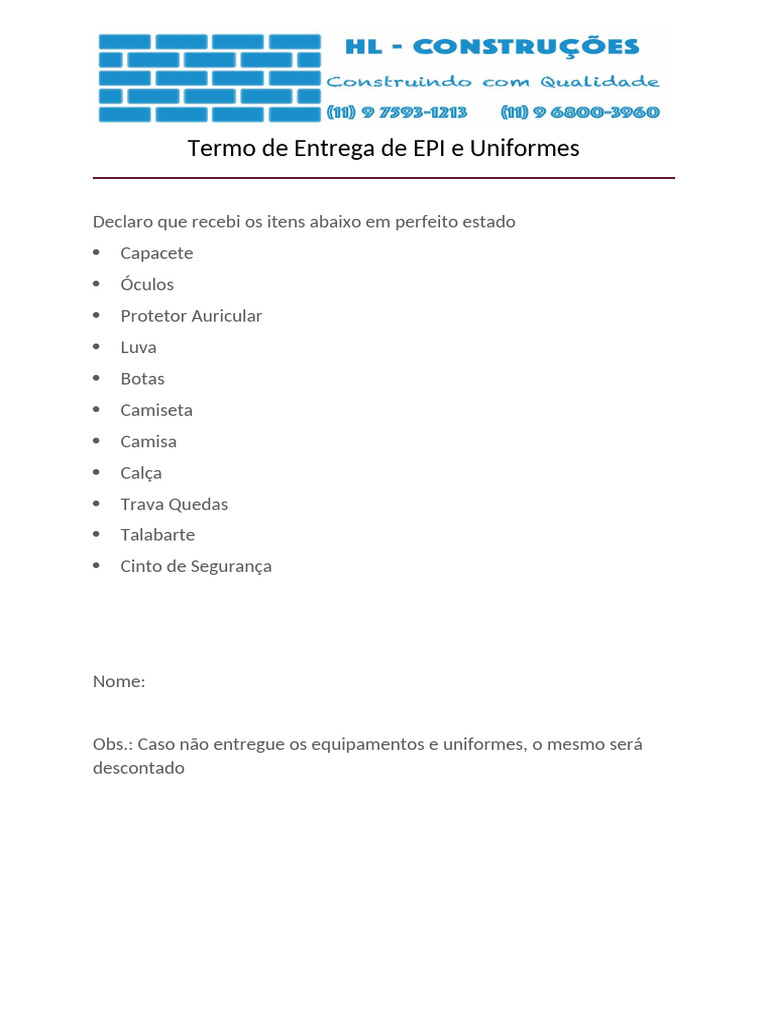 Termo de Entrega de EPI e Uniformes | PDF