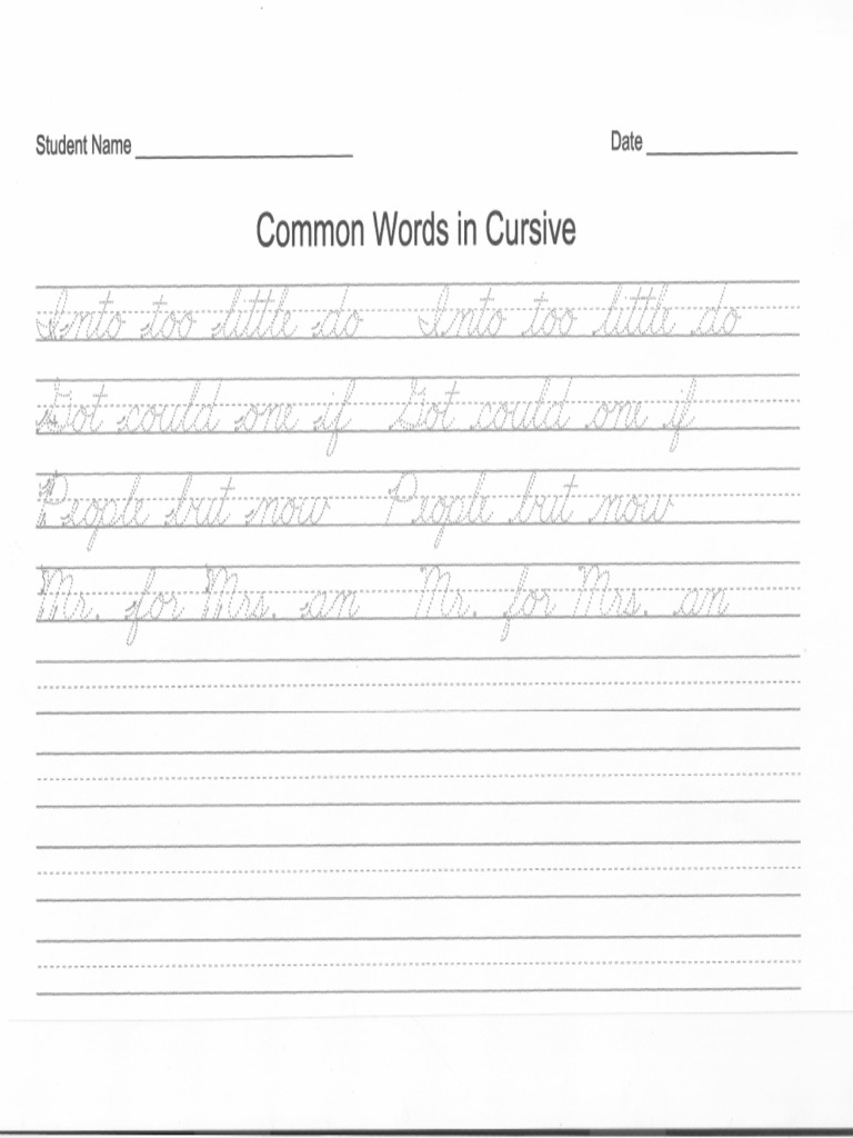 Common Words Cursive Exercise | PDF
