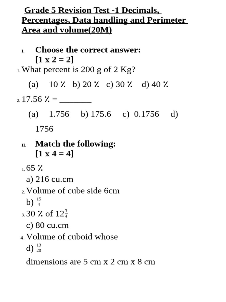 Grade 5 Revision Test - 1 | PDF