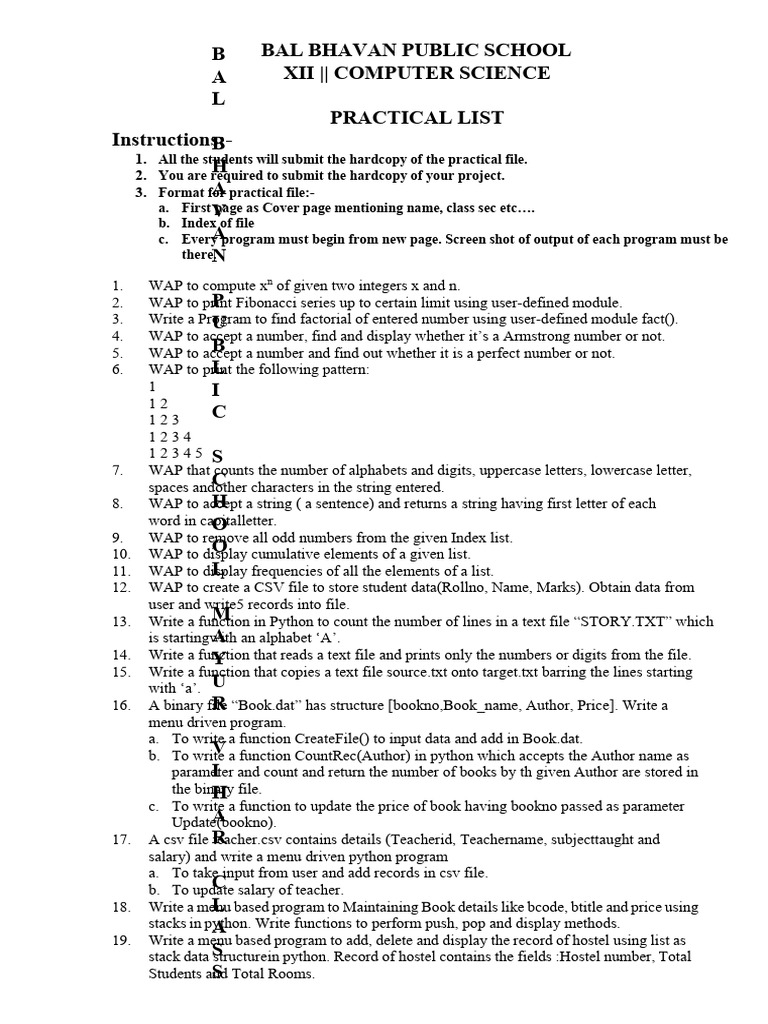 Xii - CS - Practical File - 2024-25 | PDF | Parameter (Computer Programming) | Computer File