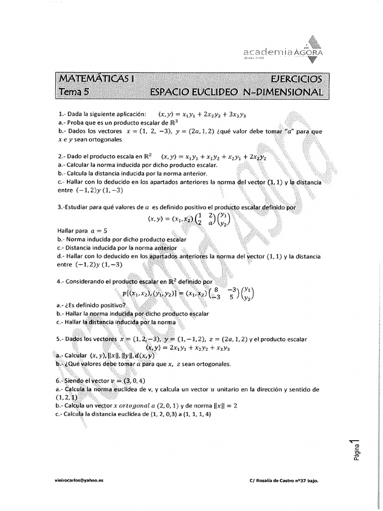 Tema 5. Espacio Euclideo. 3. Ejercicios | PDF