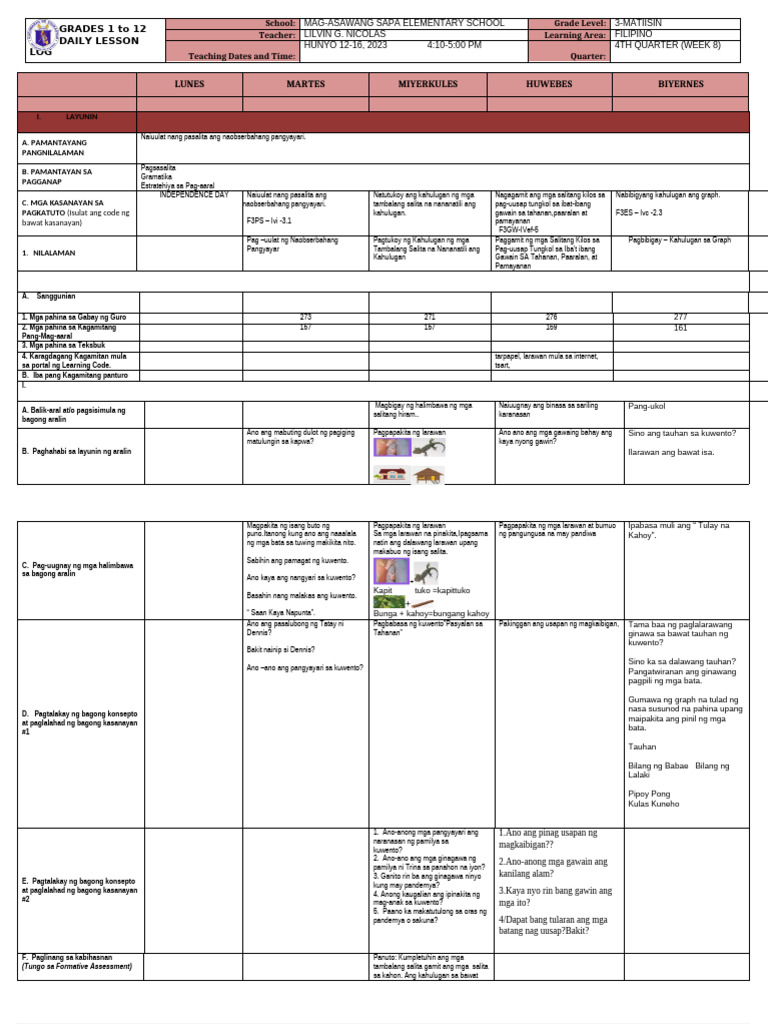 DLL-FILIPINO-3-Q4-Week-8 | PDF