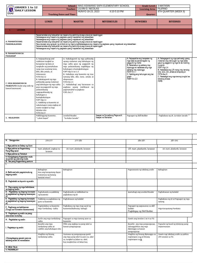 DLL FILIPINO 3 Q4 Week 9 | PDF