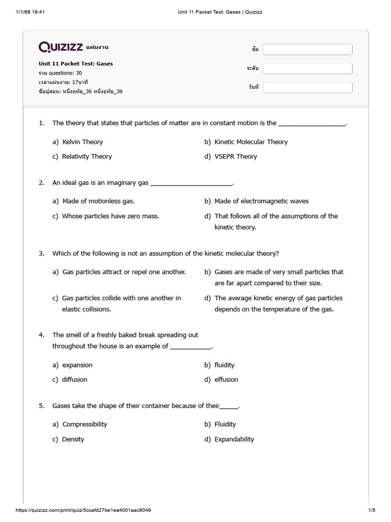 Unit 11 Packet Test - Gases - Quizizz | PDF | Gases | Pressure