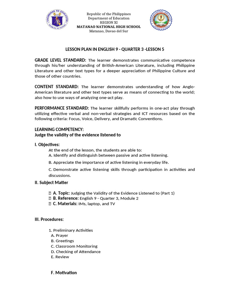 Active Listening Lesson Plan for English 9 | PDF | Learning | Lesson Plan
