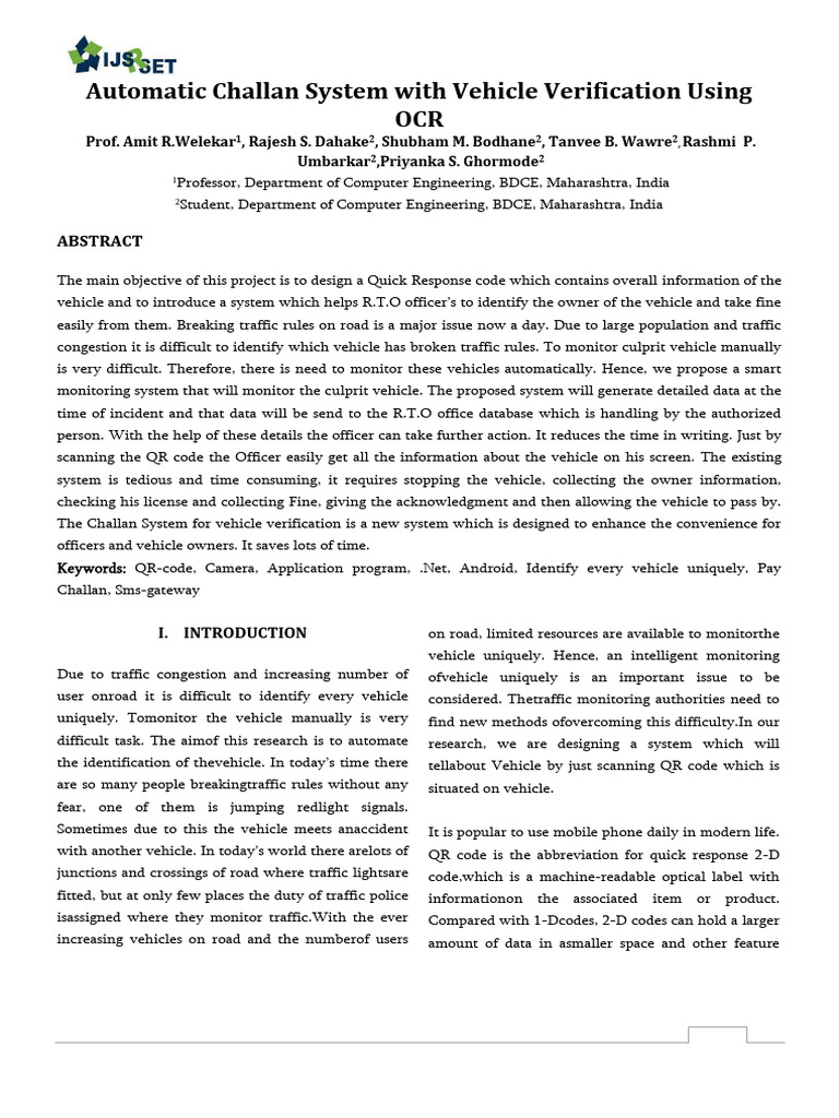 Automatic Challan System With Vehicle Ve | PDF | Qr Code | Barcode