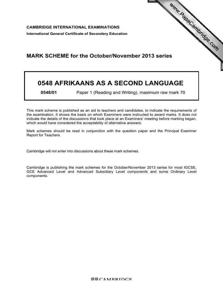 0548 Afrikaans As A Second Language: MARK SCHEME For The October ...