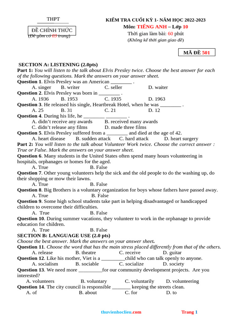 De Thi HK1 Tieng Anh 10 Nam 22 23 de 4 | PDF | Reuse | Recycling