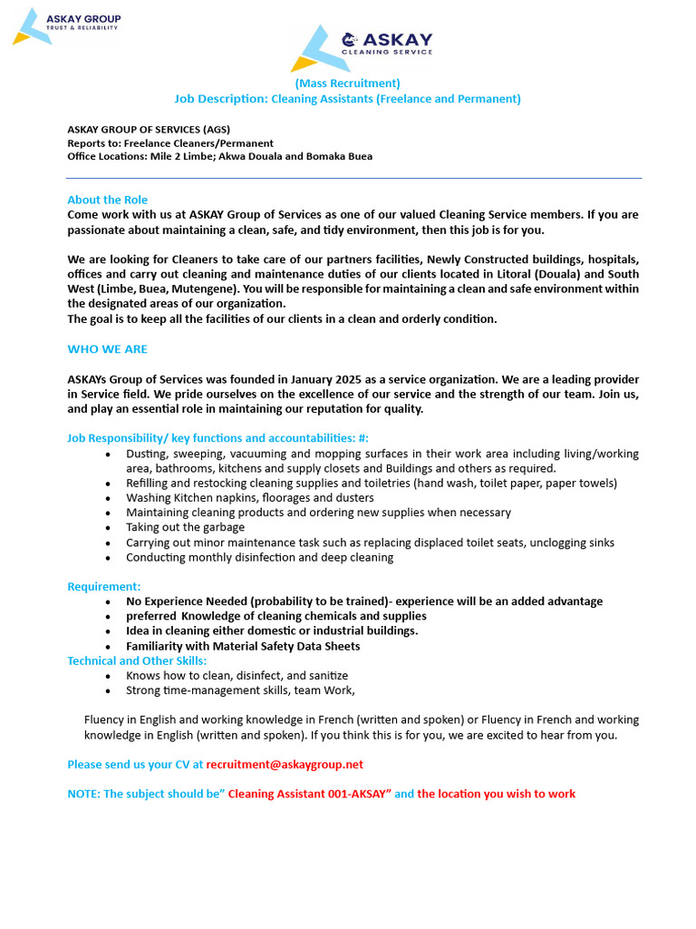 Job Profile Askay Cleaning Agents | PDF | Hygiene