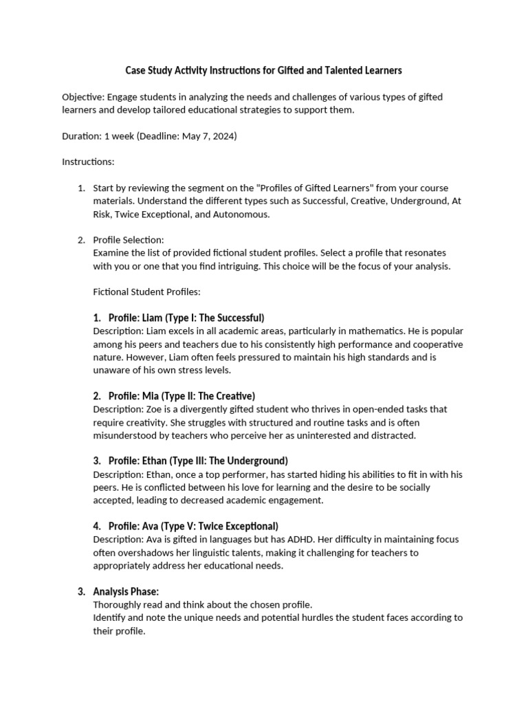 Case Study Activity Instructions For Gifted and Talented Learners | PDF ...