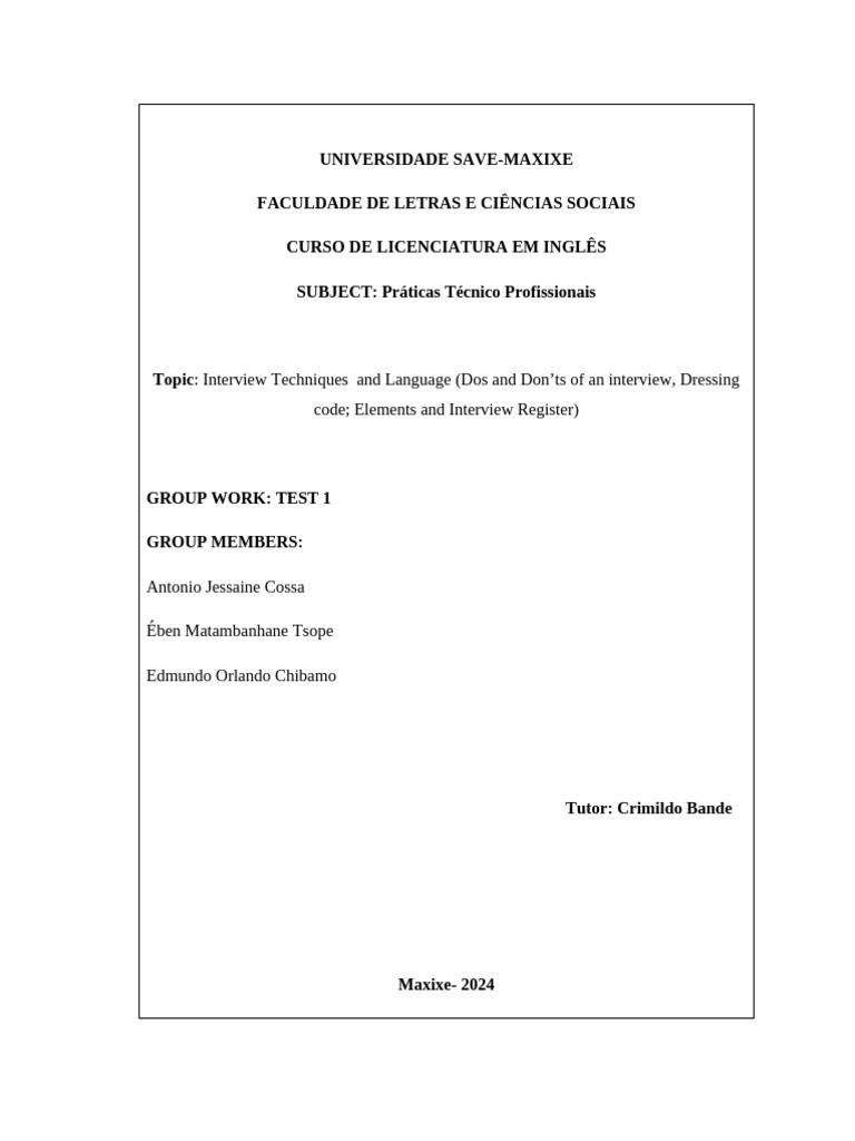 Mabote - Funhalouro Group Professional Practices Ead-2024 | PDF | Job ...