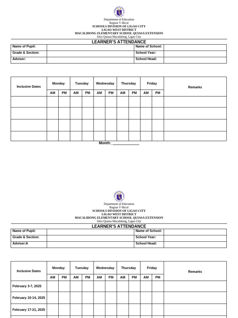 Learners Individual Attendance Template | PDF