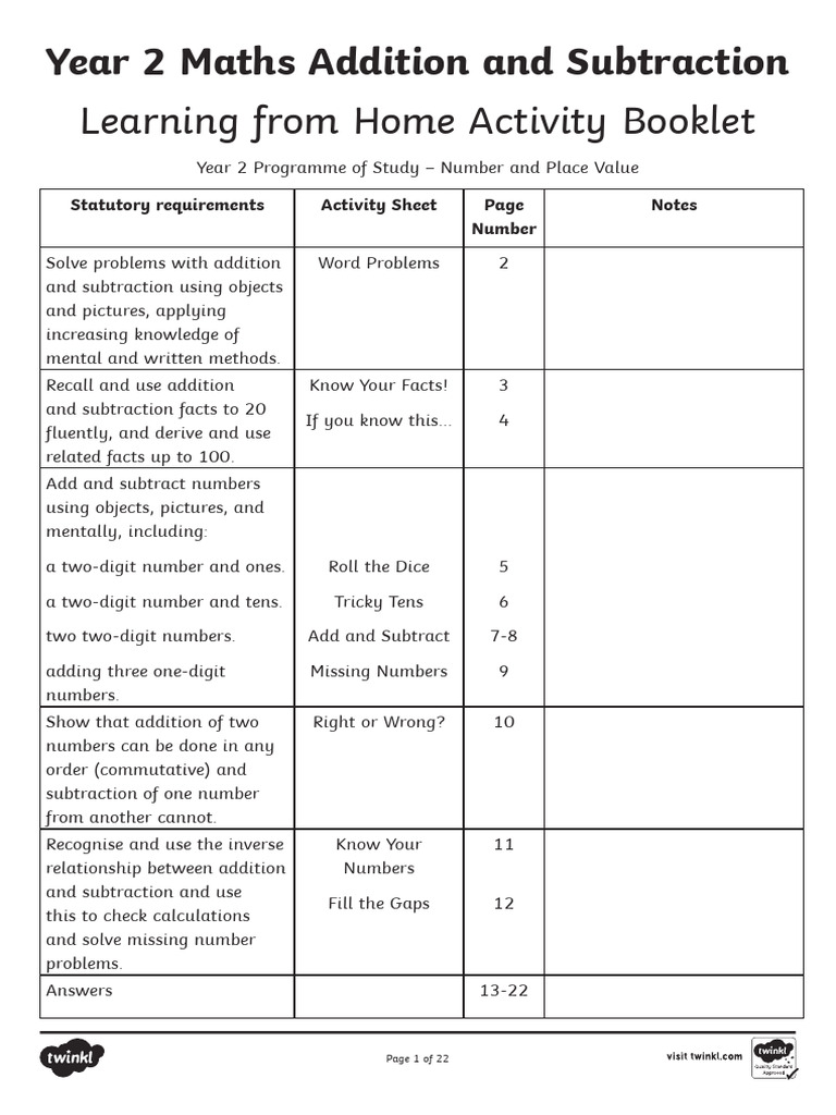 Addition and Subtraction Home Learning Activity Booklet | PDF ...