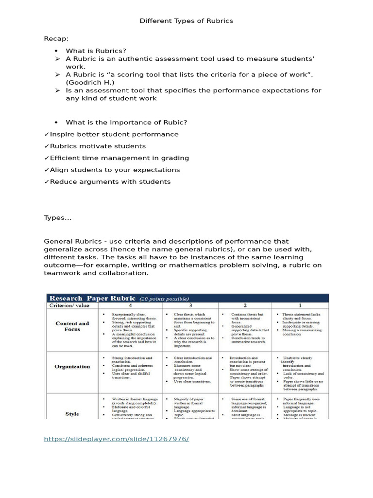 Different-Types-of-Rubrics-Handouts | PDF | Rubric (Academic) | Learning