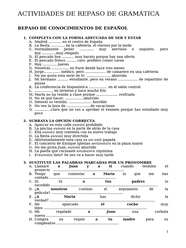 REPASO DE CONOCIMIENTOS DE ESPAÑOL - gramatica 1B | PDF | Verbo