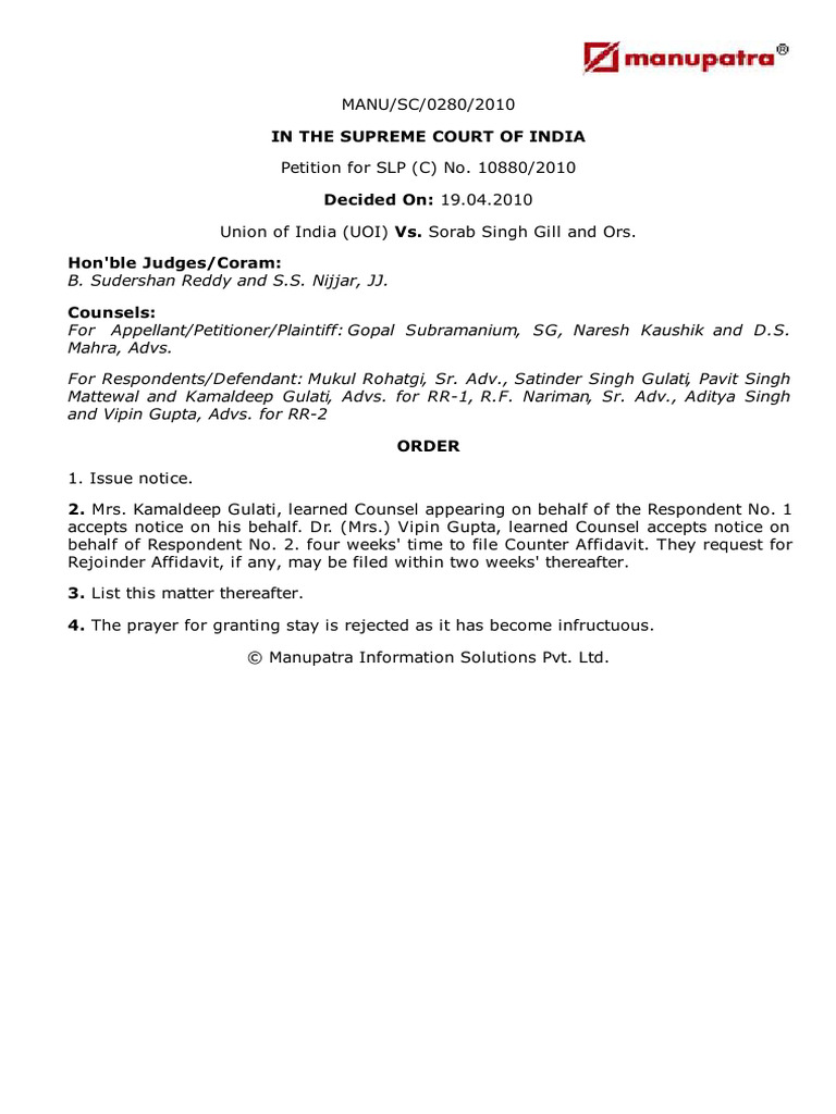 Union of India UOI Vs Sorab Singh Gill and Ors 190s100277COM513838 | PDF