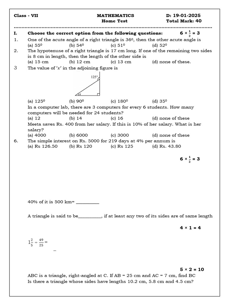 Class VII Math Home Test | PDF | Euclidean Geometry | Elementary Geometry