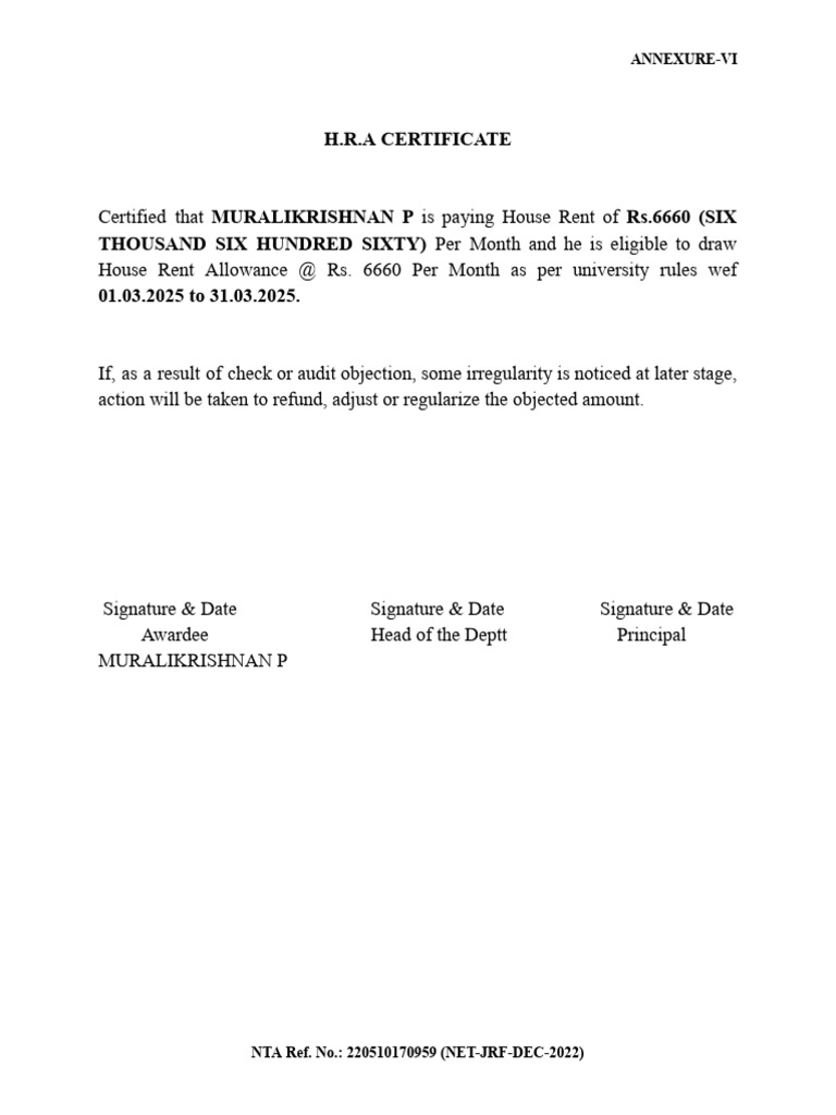 HRA Certificate for JRF Eligibility | PDF