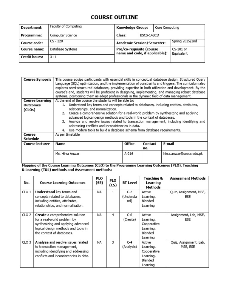 CS 220 - Database Systems - Course Ouline - Hirra Anwar - Signed | PDF | Databases | Relational ...