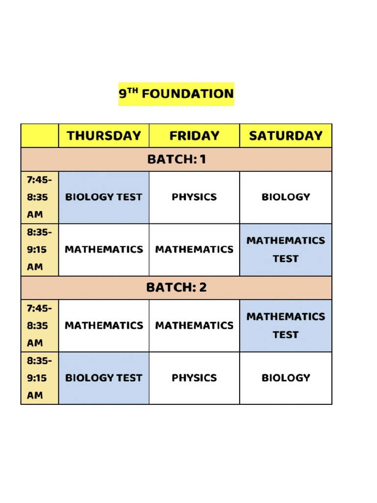 Time Table Std.9 Foundation Classes | PDF
