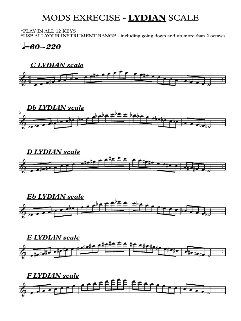 Modes Exercise - Lydian Scale - 12 Keys | PDF