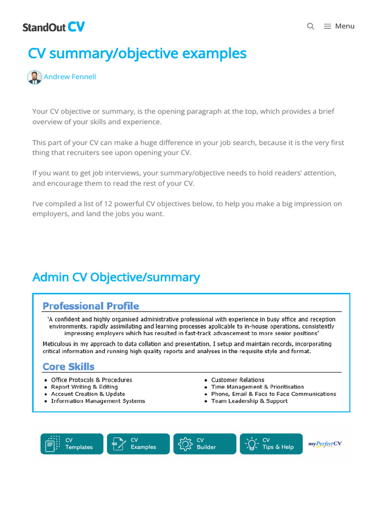 CV Summary - Objective Examples (And How To Write One) | PDF ...