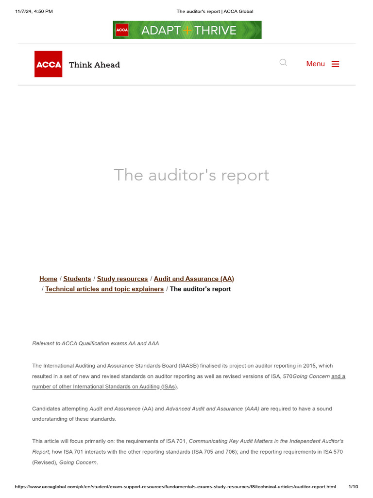 The auditor's report | PDF | Auditor's Report | Going Concern