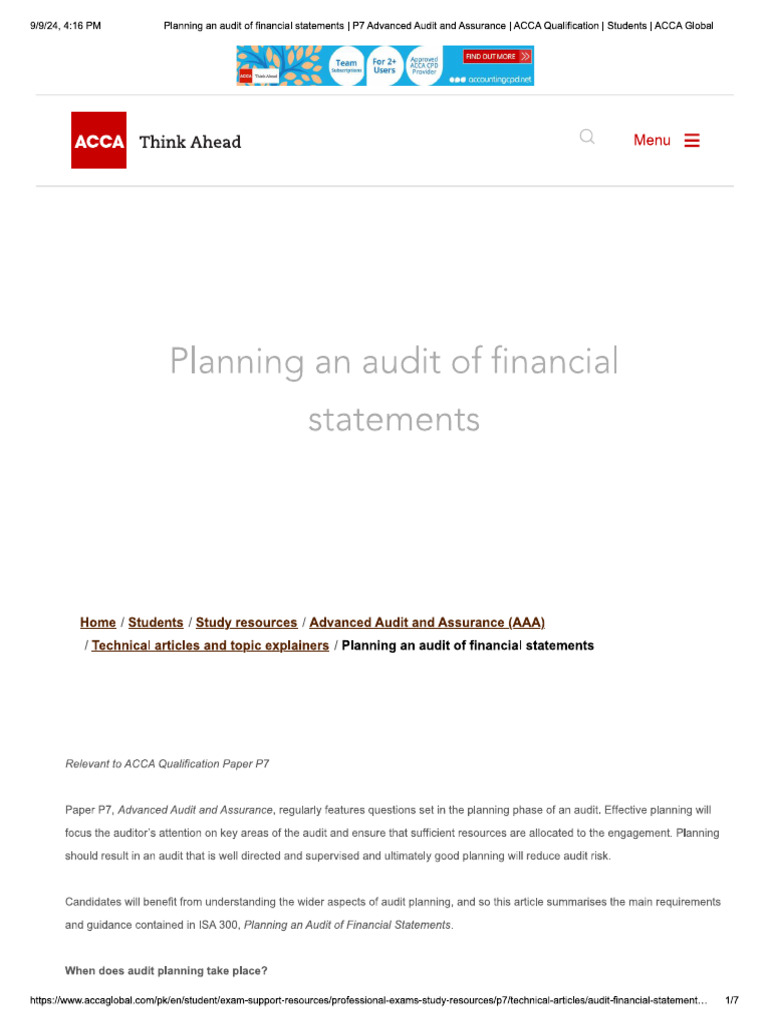Planning An Audit of FS | PDF