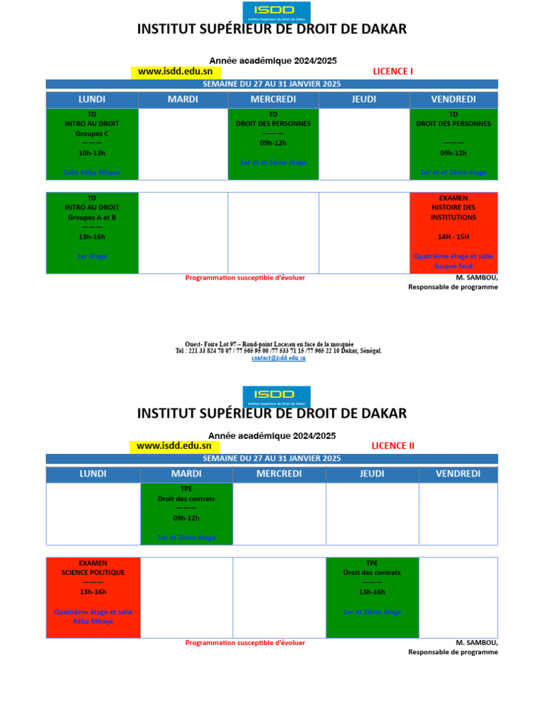 Emploi du temps ISDD 2025 | PDF