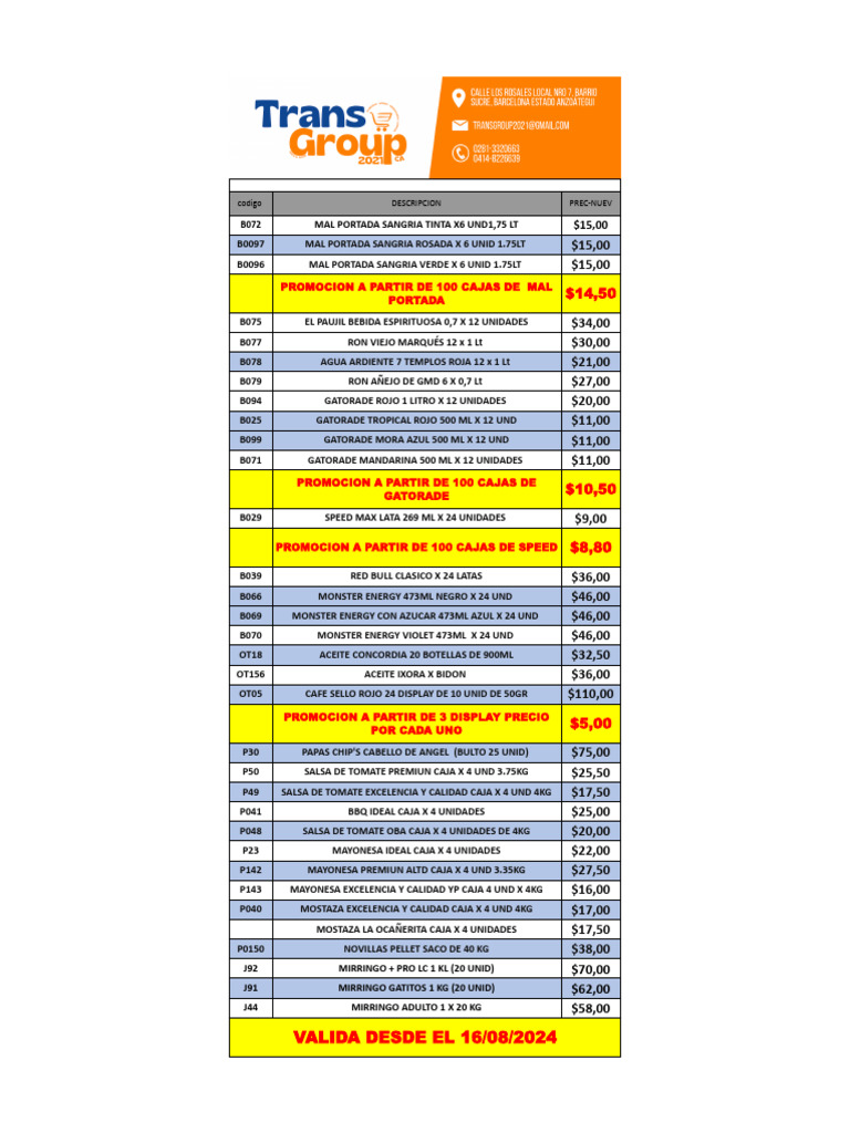 Lista de Precio Transgroup 16082024 | PDF | Bebida