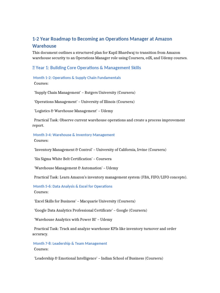 Amazon_Operations_Manager_Roadmap | PDF | Warehouse | Analytics
