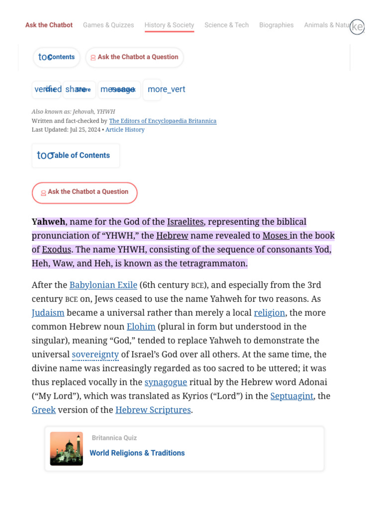 Yahweh _ YHWH, Adonai, Elohim, Meaning, & Facts _ Britannica | PDF | Tetragrammaton | Jehovah