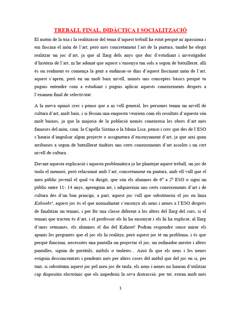 Josep Roig Ricart. Treball Final de Didàctica i Socialització. | PDF