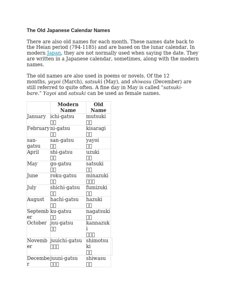 Old Japanese Calendar Month Names | PDF