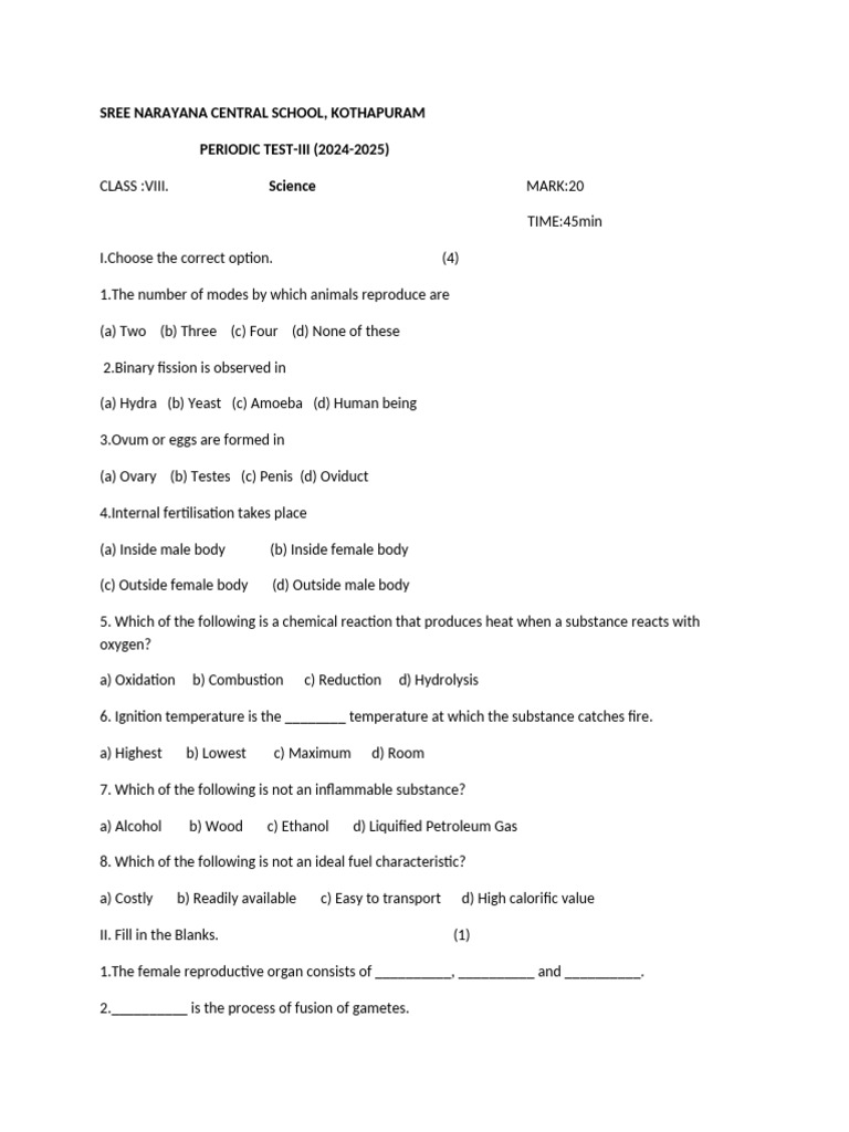 Class VIII Science Periodic Test 2024-2025 | PDF