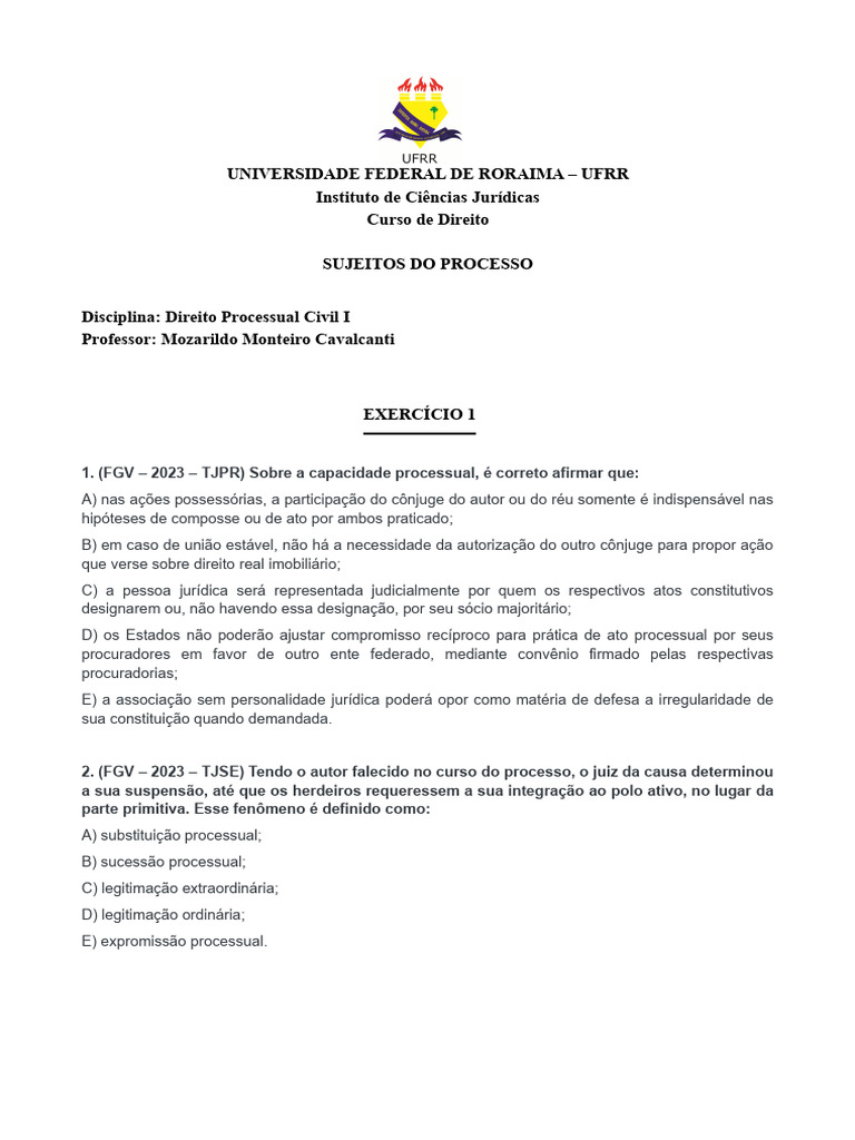 Exercício 1 - Sujeitos Do Processo | PDF | Réu | Processo civil