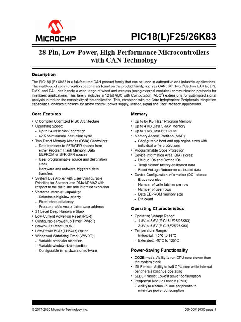 PIC18 (L) F2526K83 Data Sheet DS40001943C | PDF | Microcontroller | Analog To Digital Converter